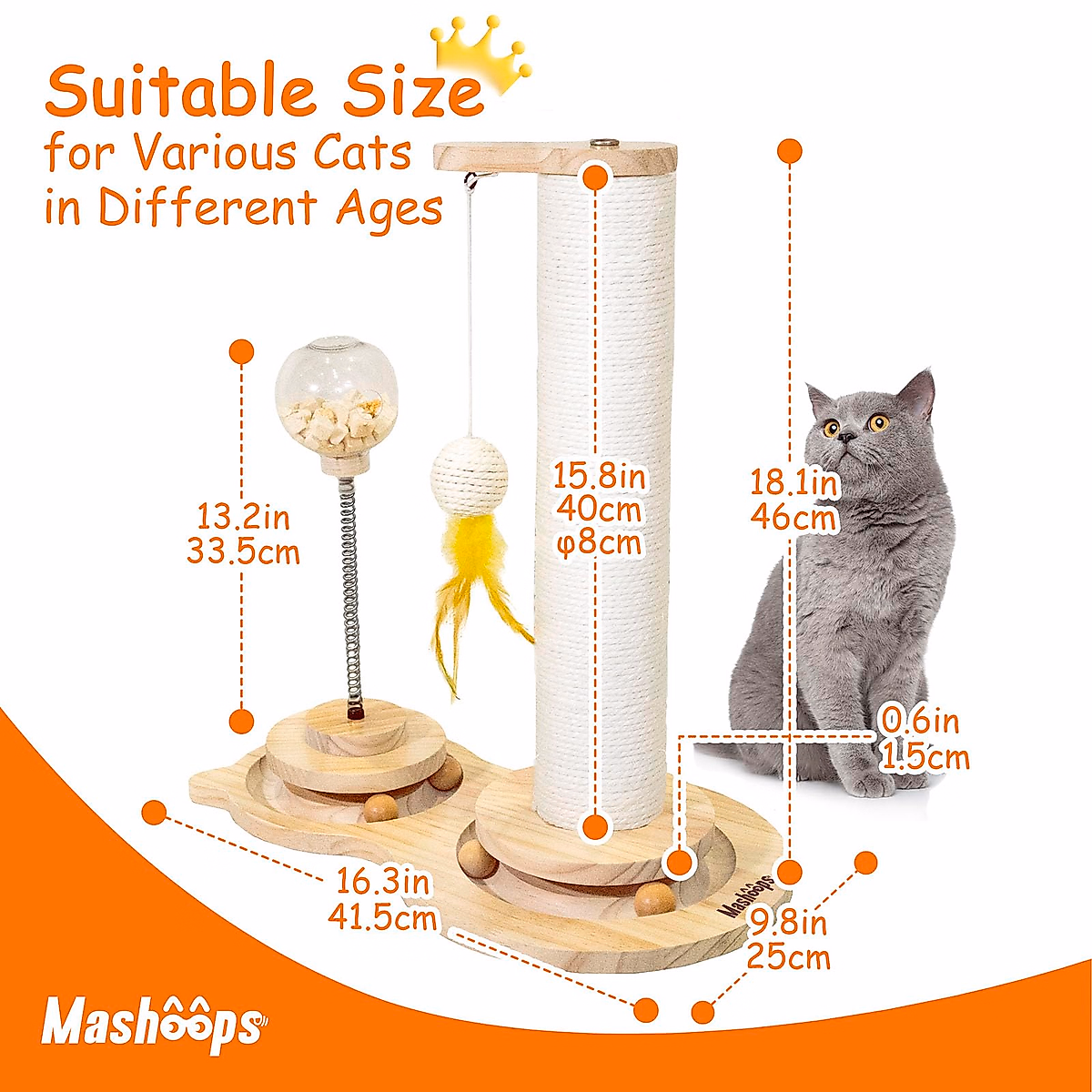 MASHOOPS Cats Scratching Post Cat Scratcher with Treat Dispenser Toy, 4-in-1 Scratching Posts for Indoor Cats with Wooden Ball Track, Interactive Cat Toys