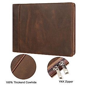 Leather Business Checkbook Binder - 7 Ring Zippered Binder with Check Book Holder for 3 Per Page, 600 Checks Capacity for 9 x 13 inch Sheets, Dark Khaki