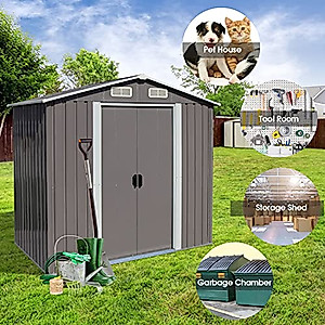 kinbor 6' x 4' Outdoor Storage Shed Garden Shed - Galvanized Metal Utility Tool Storage with Air Vents and Door for Backyard Lawn Patio, Grey