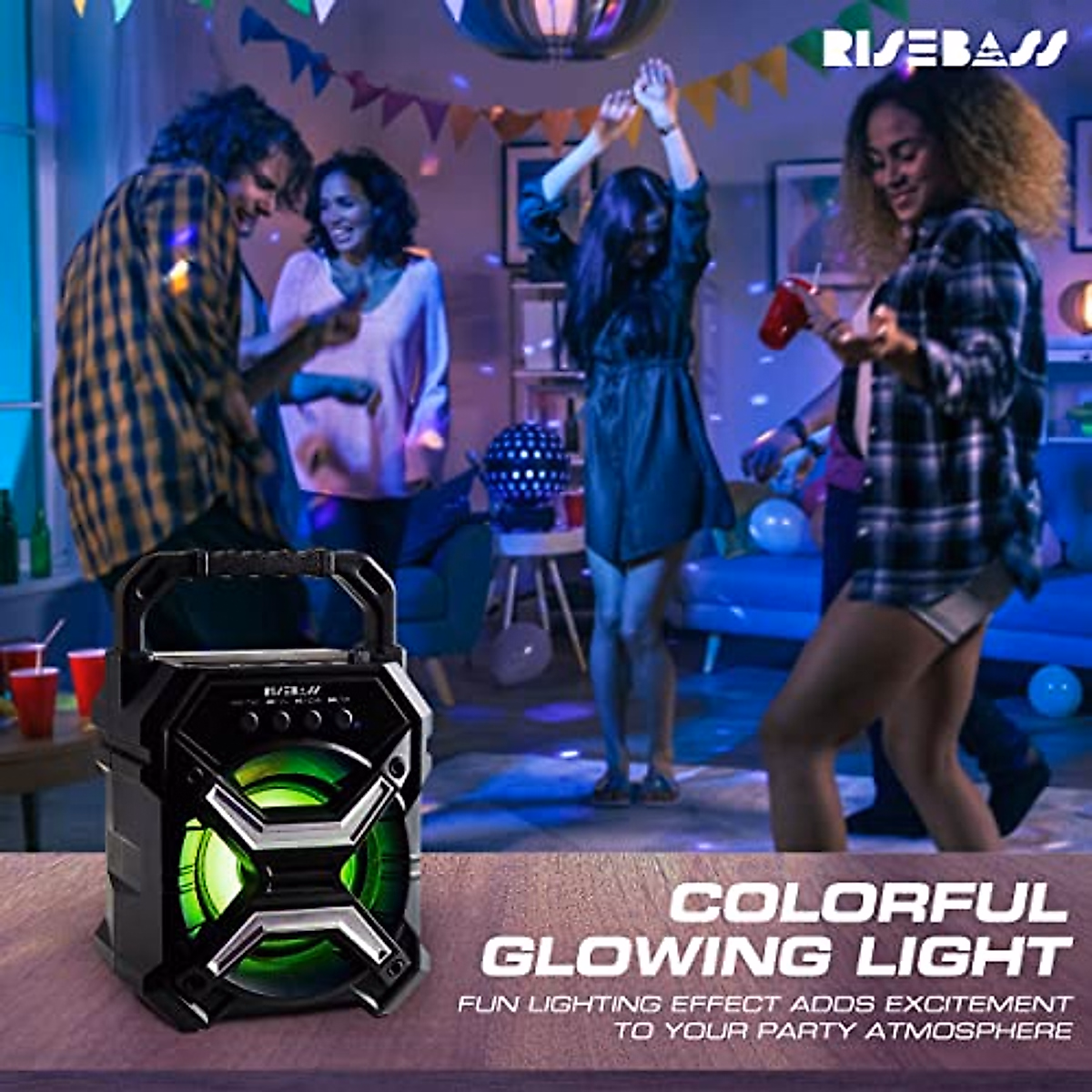 Portable Wireless Bluetooth Speaker for iPhone, Android, iPod and More - Rechargeable Bluetooth Speaker for Kids & Adults - Mini Speaker with Party Lights, for Hiking, Camping, Picnic and Boating.