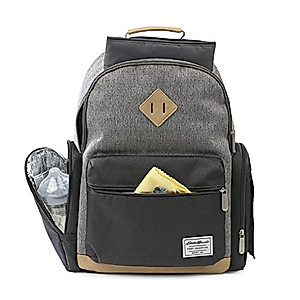 Eddie Bauer Places & Spaces Bridgeport Diaper Bag Backpack, Cooler Bottle Pockets and Changing Pad Included, Light Grey and Tan