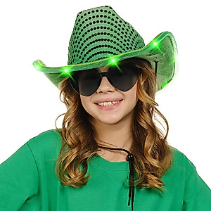 Funcredible Green Light Up Cowboy Hat and Glasses - Sparkly Disco Cowgirl Hat - Sequin Cowboy Hat for Women - Cowgirl Costumes for Girls