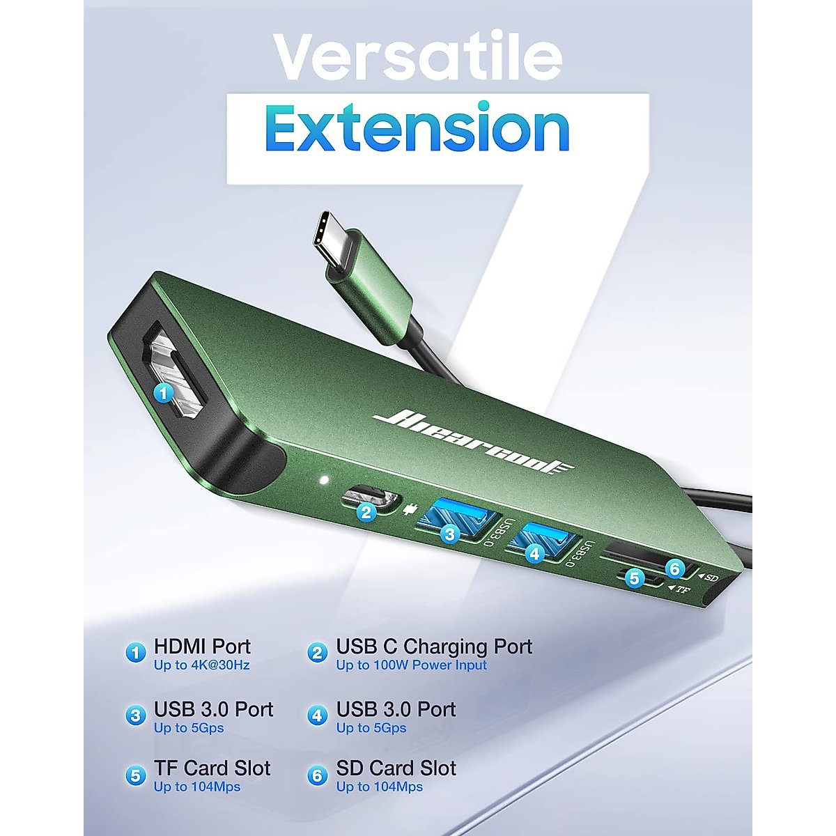 Hiearcool USB C Hub, USB-C Adapter, 7 in 1 USBC to HDMI Multi-Port Adapter Dongle Compatible for Thunderbolt 3 4 MacBook Pro Air Dell Lenovo HP Laptops and Other Type C Devices-Green