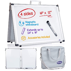 Small Dry Erase White Board – Magnetic Desktop Whiteboard - 16x12 inch 4 Sides Portable Whiteboard for Kids - Tabletop Mini Easel with Cover Bag for Office Desk, Students, Teachers