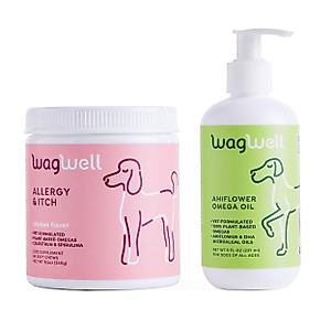 WagWell Allergy and Itch Chews & Ahiflower Omega Oil Bundle - Skin, Coat, Hip and Joint Supplement for Dogs - Itch Relief