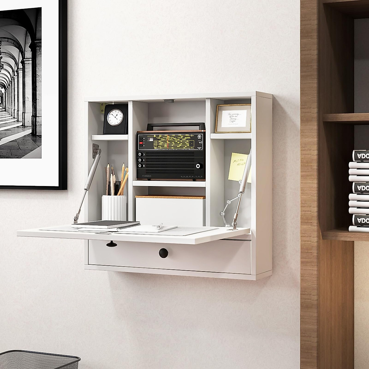 IFANNY Folding Wall Desk, Wood Wall Mounted Desk with Storage Drawer and Shelves, Fold Down Wall Mount Laptop Desk, Corner Floating Desk for Small Spaces (White)