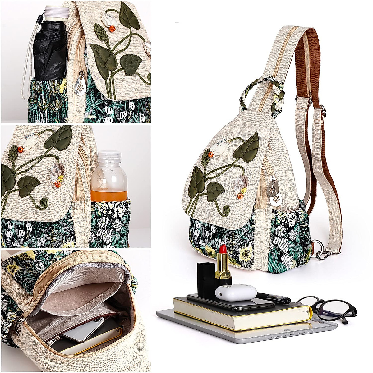 AULUDA Girl's Convertible Sling Bag, Hand Craft Artisan Purse, Beautiful Canvas Premium Casual Day Mini Backpack for Women (Green Marsh)