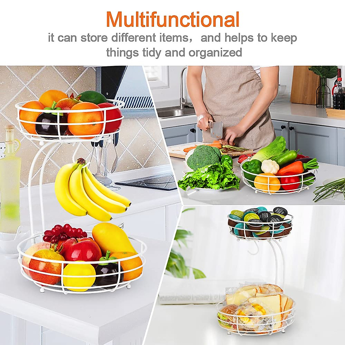 Auledio 2-Tier Fruit Vegetables Basket Bowl Storage With Banana Hanger,Pure White