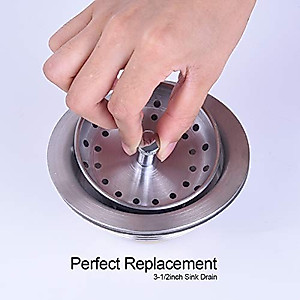 KONE 2PCS Kitchen Sink Basket Strainer Replacement for 3-1/2 Inch Standard Drains Brushed Stainless Steel Body Metal Center Knob with Rubber Stopper