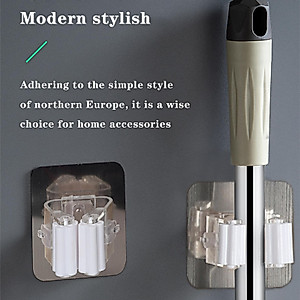 4PCS Mop Broom Holder No Drill Stainless Steel, Mop Broom Organizer Wall Mounted Heavy Duty with Hooks Hanger, Storage Rack Self Adhesive for Bathroom, Kitchen, Office (White)