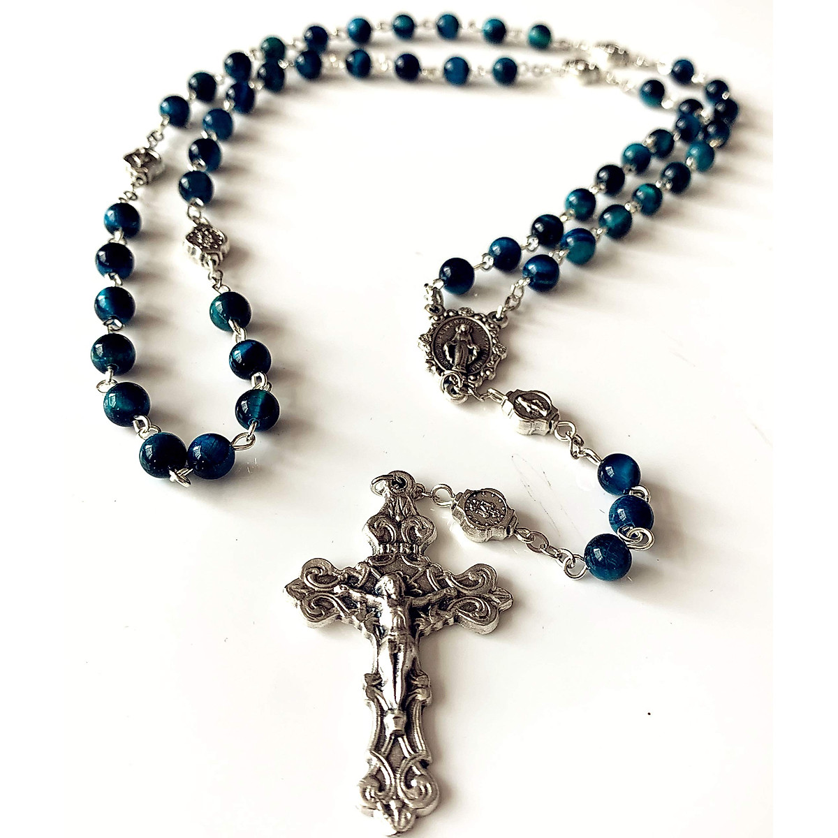 elegantmedical Handmade Blue Tiger Eye Beads Our Lady of Grace Rosary Cross Necklace Catholic Gifts