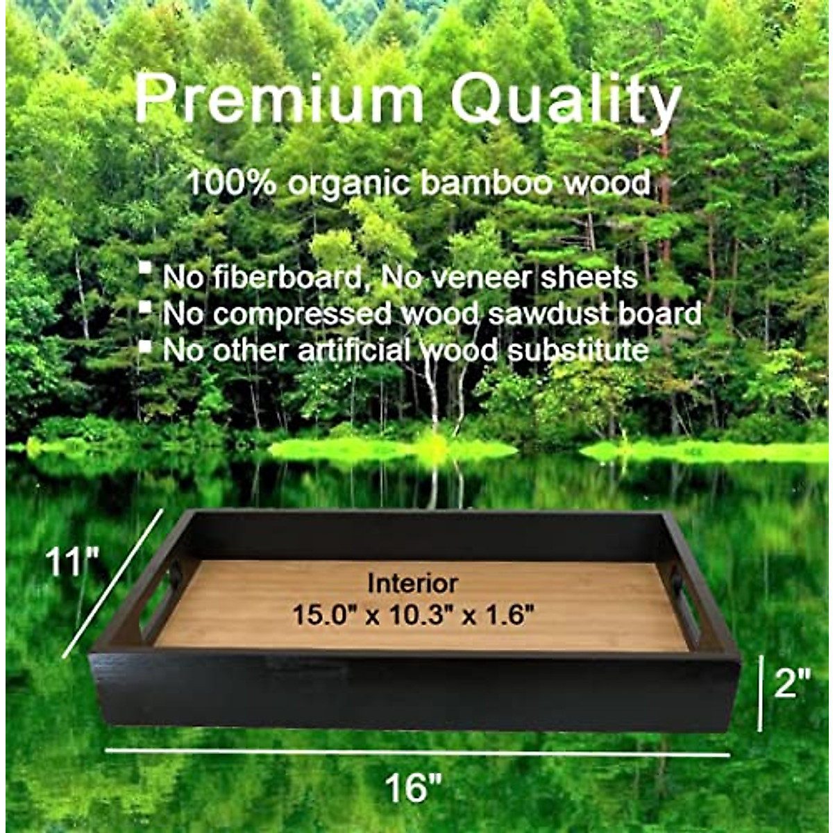 Bamboo Serving Tray with Handles (16" x 11" x 2") – Wood Serving Tray - Coffee Table Tray - Ottoman Tray - Decorative Display Tray In Black & Natural