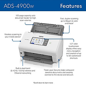 Brother ADS-4900W Professional Desktop Scanner with Fast Scan Speeds, Duplex, Wireless, and Large Touchscreen