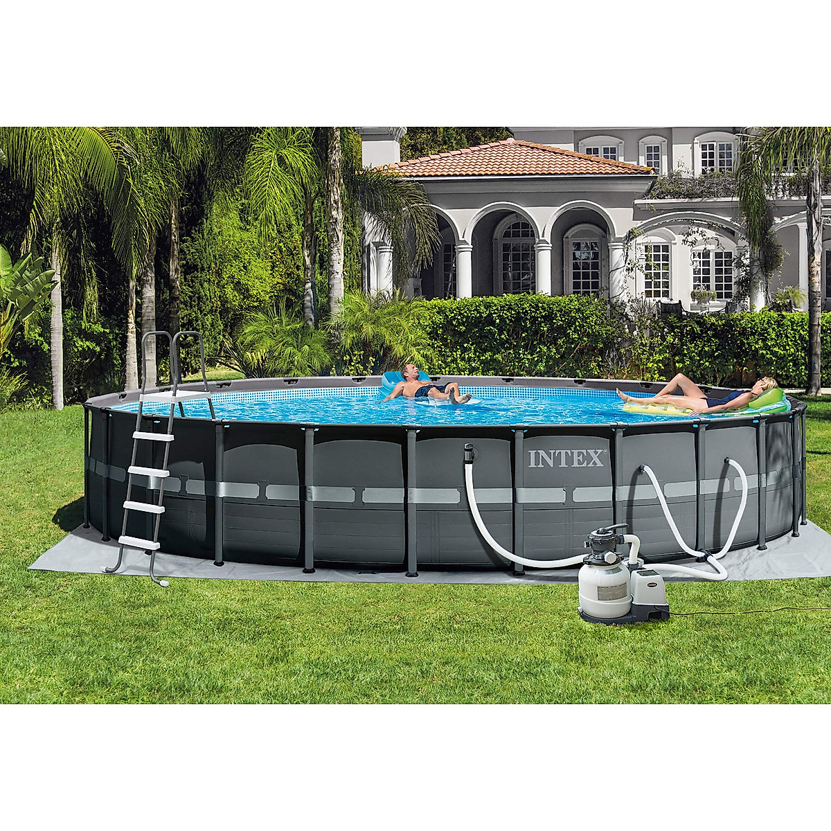 Intex 26 Foot by 52 Inch Framed Swimming Pool with Pool Cover, Inflatable Beverage Cooler, and Set of 2 Inflatable Floating Recliner Chairs, Dark Gray
