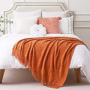 BATTILO HOME Burnt Orange Throw Blanket for Couch, Decorative Knitted Spring Blankets with Tassels - Soft Lightweight Textured Solid Fall Decor Throw, 50"x60"