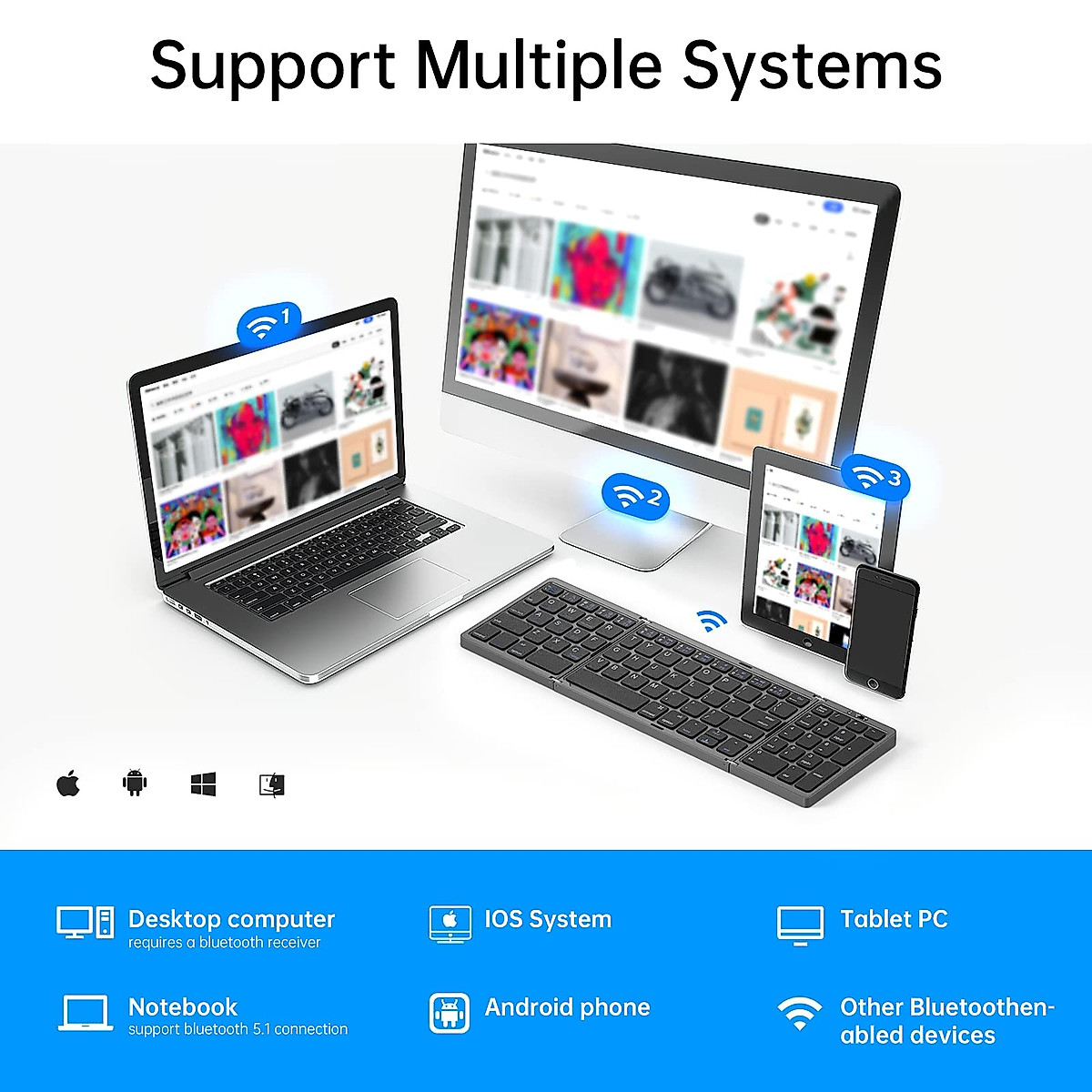 BRIMFORD Foldable Bluetooth Keyboard, Foldable Wireless Portable Keyboard with Numeric Keypad, USB-C Rechargeable Travel Keyboard for Laptop,Tablet,iPad,Smartphone(Silver)