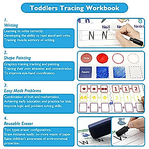 Handwriting Practice Book for kids, Toddlers Preschool Learning Activity 40 Pages Autism Educational Montessori Toys Learn Number Letters Shapes Animal & Sight Words Workbook with 8 Dry Erase Markers