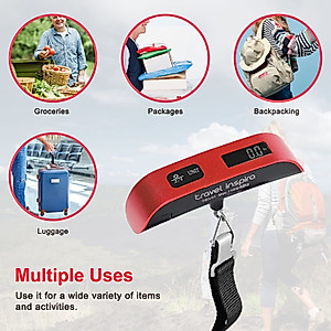 travel inspira Luggage Scale, Portable Digital Hanging Baggage Scale for Travel, Suitcase Weight Scale with Rubber Paint, 110 Pounds, Battery Included - Red