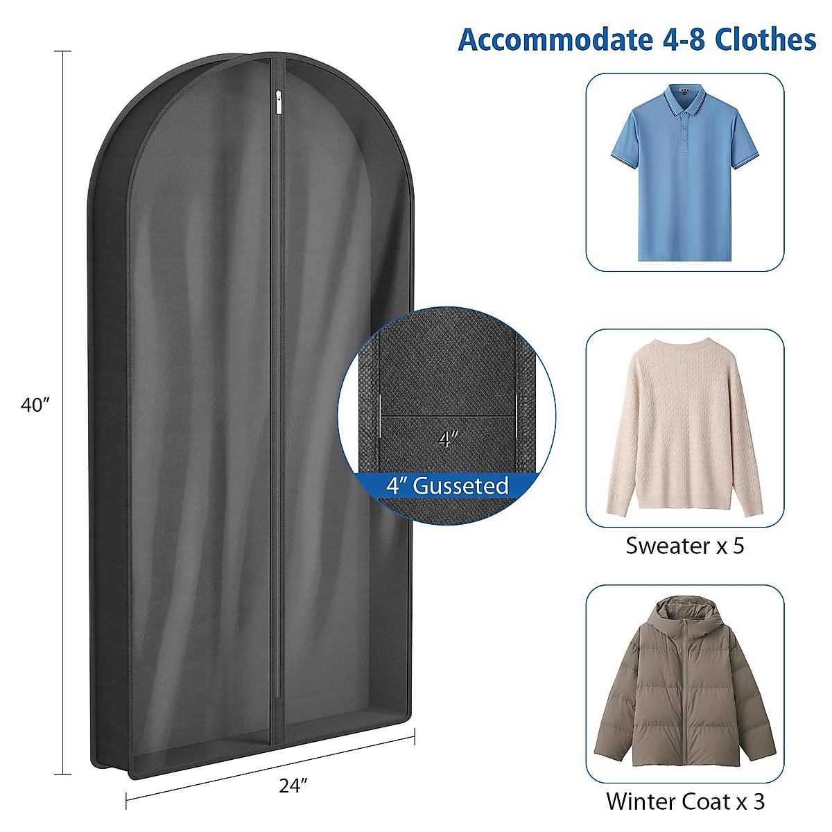 Kntiwiwo 40" Suit Bags for Closet Storage, 4" Gusseted Clear Garment Bags for Hanging Clothes with Zipper, Clothes Storage Bags for Coats,Jackets,Shirts and Dresses(4 Pack)