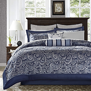 Madison Park Aubrey Bedding and Curtain Set - 12 Piece King Size Navy Blue Paisley Design