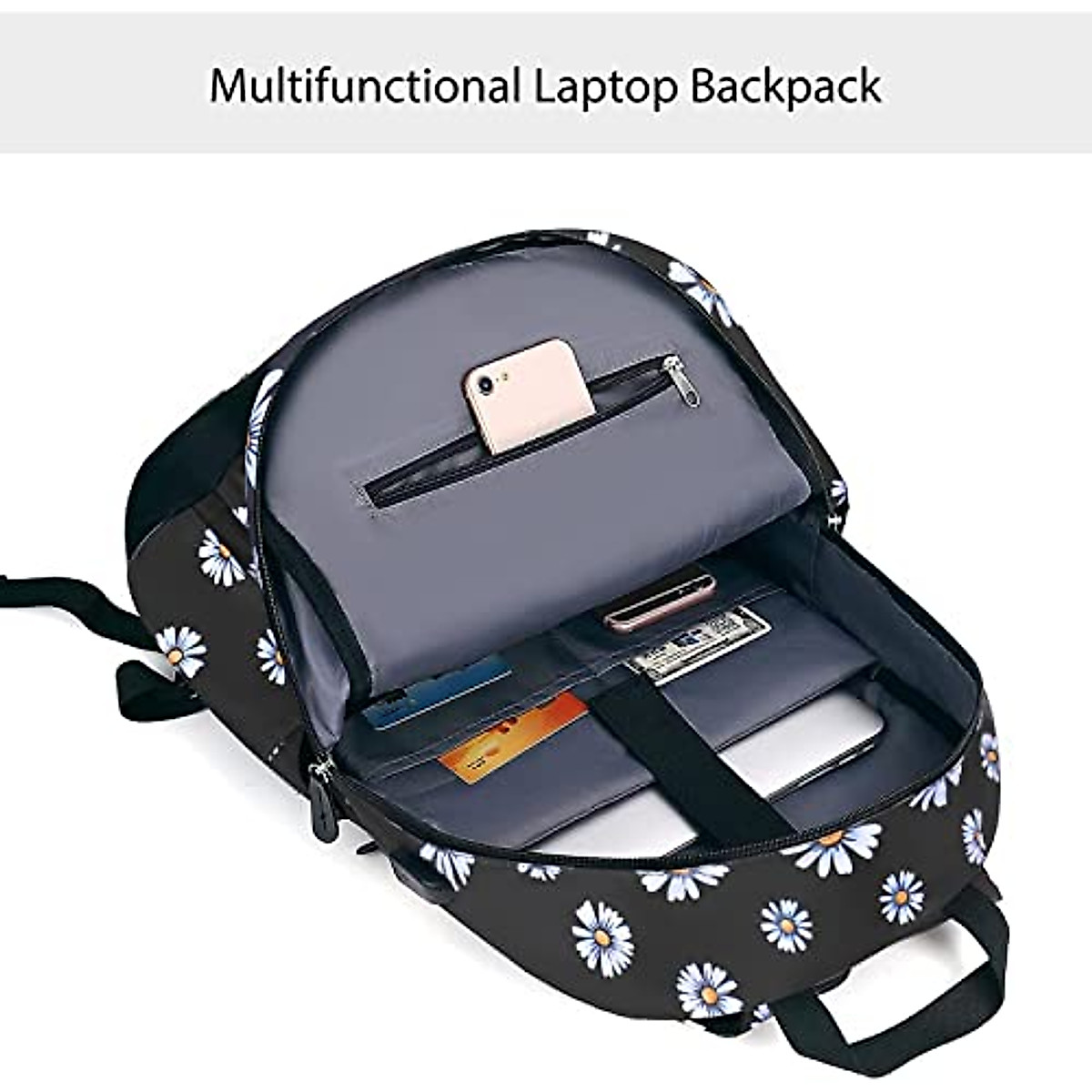 MOSISO 15.6-16 inch 20L Laptop Backpack for Women Girls, Polyester Anti-Theft Stylish Casual Daypack Bag with Luggage Strap & USB Charging Port, Camomile Travel Business College School Bookbag, Black