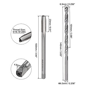 uxcell Tap & Bit Sets, 5/16-18 UNC H2 Straight Flute Machine Thread Milling Tap Extra Long, 6.5mm High Speed Steel (HSS) Twist Drill Bit