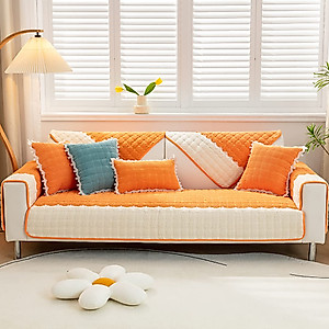 vctops Soft Corduroy Sofa Couch Cover, Plaid Sectional Couch Covers, Non-Slip Sofa Slipcover for Dogs Cats Kids(Orange,43"x43")