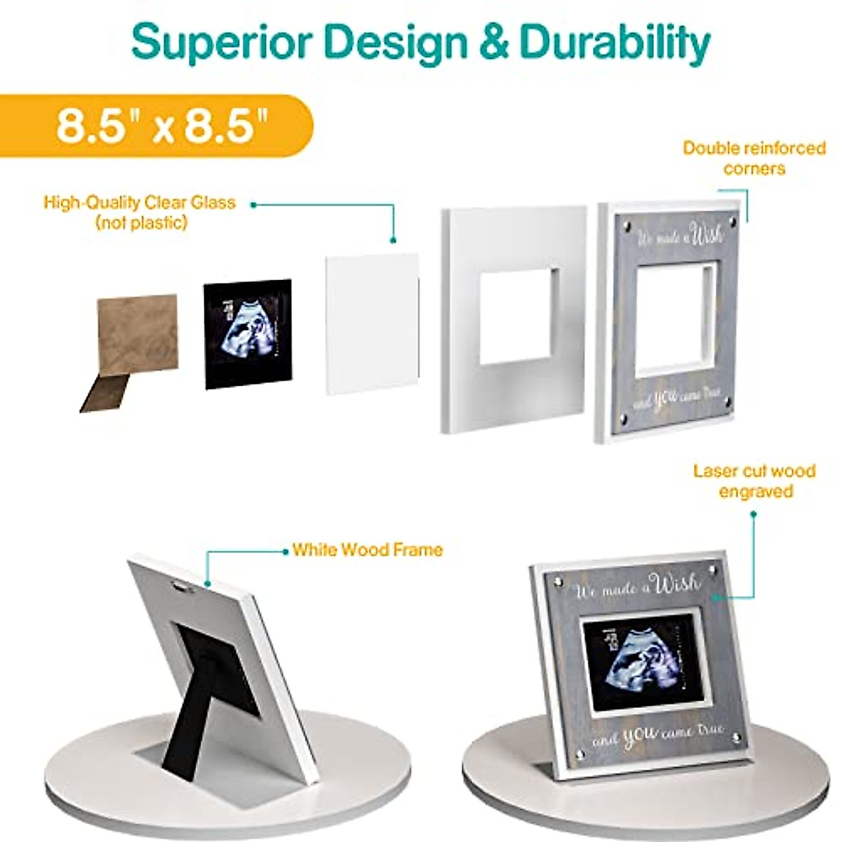 1Dino Premium Baby Sonogram Keepsake Picture Frame, Ultrasound Frame - 8.5" x 8.5" White/Grey Wood Photo Frame - Gift Idea for Expecting Parents, Baby Shower, First Time Mom/Dad Gifts, Nursery Decor