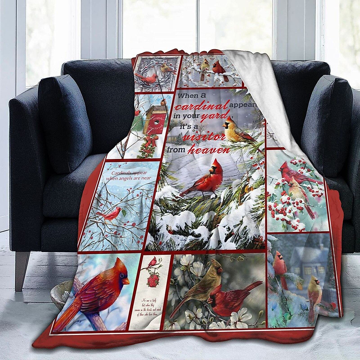 Socira Flannel Throw Blanket,Red Christmas Birds Patchwork Small Fleece Sofa Blanket,Comfy Camping Lap Blanket,Super Soft Thin Noon Break Blanket for Office Home Car 40''X50''