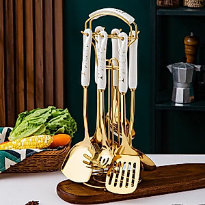 Stainless Steel Kitchen Gold Cooking Utensils set 7pcs (Marble White - Gold)