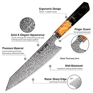 XT XITUO Kiritsuke Chef Knife,8 inch kitchen Knives Japanese VG10 Steel Damascus Kitchen Meat Sushi Cutting Cleaver Knife w/octagon Black Resin handle Gift Box… (Black-8'' Kiritsuke Knife)