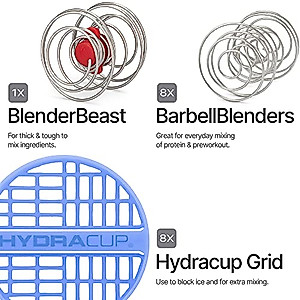 HydraCup [8 Pack] with New BlenderBeast - 28oz Shaker Bottle for Protein Mixes, Dual Mixers, Wire Whisk & Mixing Grid, Shaker Cup BPA Free, Shakes Value Pack Ball