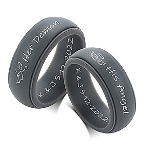 YUNGELX Customize Silicone Couple Rings Her Demon & His Angel Matching Ring for Him Her 8MM Dark Grey Breathable Silicone Rubber Step Edge Dome Comfort Fit Wedding Band Promise Engagement Rings Set