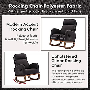 NIOIIKIT Nursery Rocking Chair, Upholstered Glider Chair for Nursery, Accent Rocker Chair with Tall Back & Side Pockets, Modern Leisure Single Arm Chair for Living Room, Bedroom (Black)