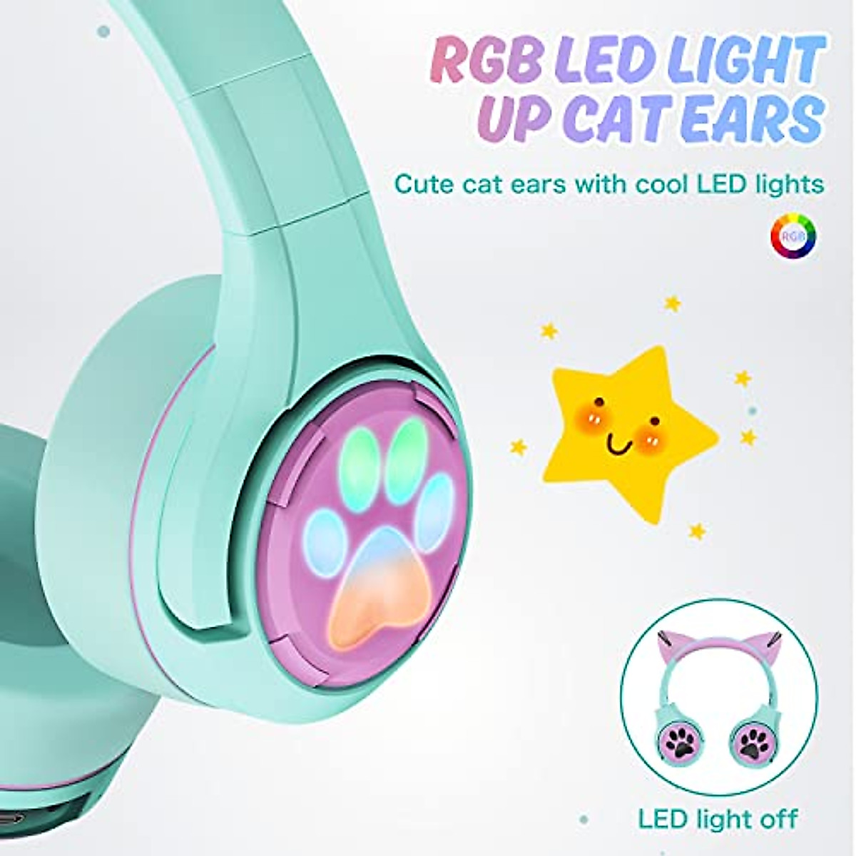 Riwbox CF9 Cat Ear Kids Bluetooth Headphones with LED Light Up,Safe 85dB Volume Limit,Built-in Mic&Boom Mic for Calls,Kids Wireless&Wired Headphones for Girls/Toddler/Online Learning/School (Green)