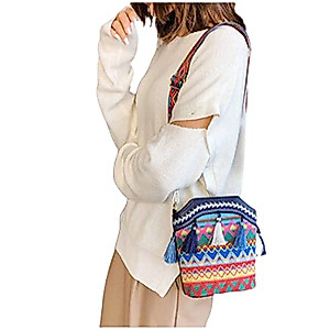 IAMUHI Lovely Small Straw Bucket Phone Purse Handwoven Bohemian Fringed Crossbody Beach Bag Mini Hobo Handbags for Women/Girls,Navy Blue