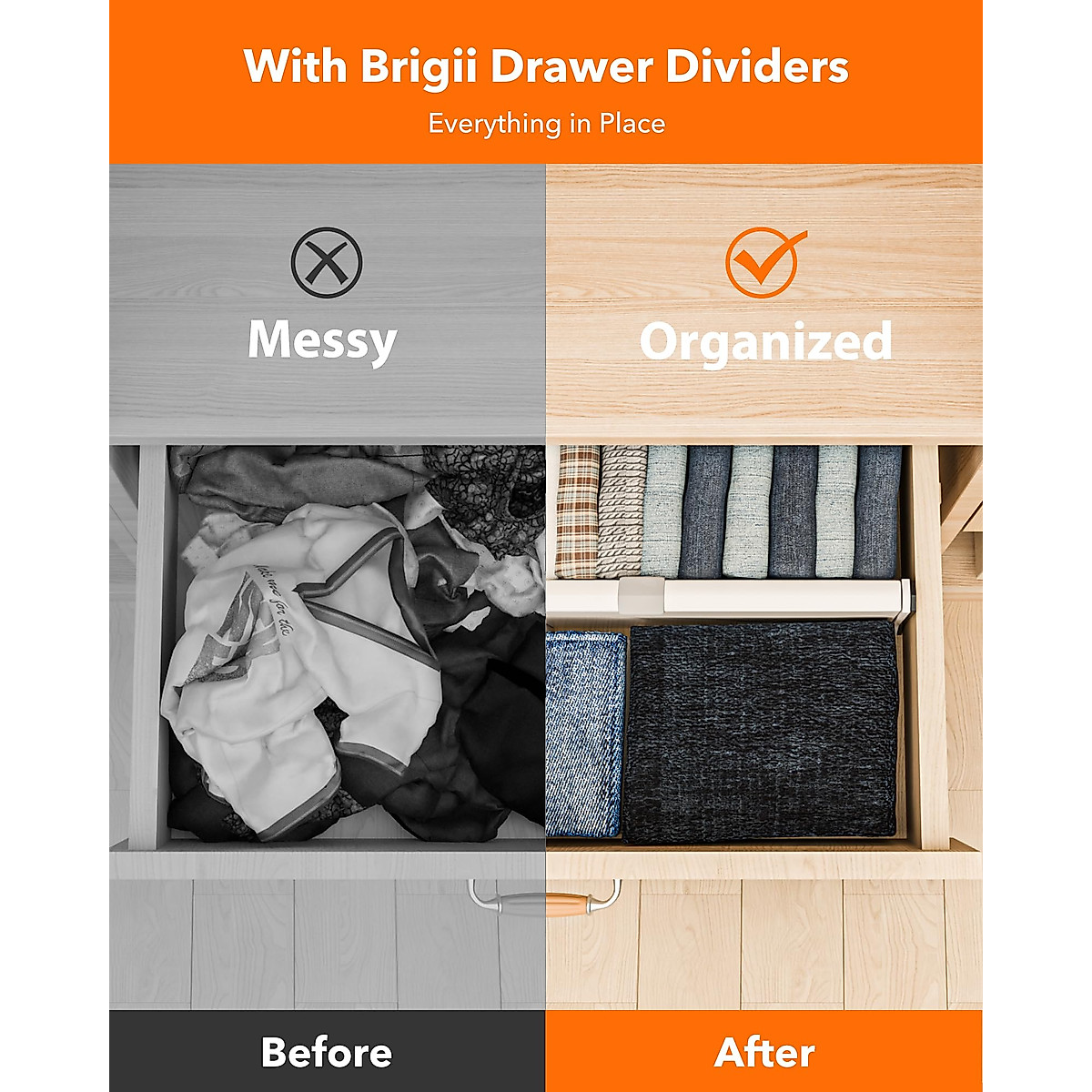 Brigii Drawer Dividers 4 Pack, Adjustable Separators 4" High Expandable from 11-17", for Bedroom, Closet, Kitchen Storage