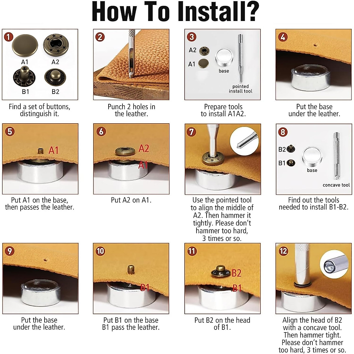 Alritz 120 Set Leather Snap Fasteners Kit, 12.5mm Metal Button Snaps Press Studs with 4 Setter Tools, 6 Color Leather Snaps for Clothes, Jackets, Jeans Wears, Bracelets, Bags (12.5mm)