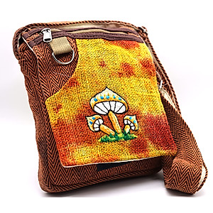 Himalaya Handmade Unique design Mushroom Embroidery Hemp Hobo Passport crossbody bag Festival Travel Bag 100% Himalaya Hemp FAIR TRADE Orange