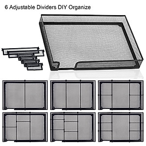 ROSROSE 2 Pack Desk Organizer Trays - Small & Large Office Drawer Organizers w/6 Adjustable Compartments, Metal Mesh Storage Set for Office Supplies & Home