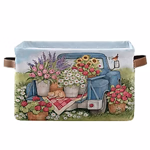 Spring Flowers Truck Car Storage Basket Fabric Laundry Baskets Sunflower Rose globe Daisy Lavender Storage Boxes Organizer Bag for Baby Cloth Dog Toy Book Storage Cubes Shelf Closet Bins 16x12x8