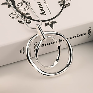 XILAZAB Silver Double Circle Necklace, Long Silver Necklace Sweater long Silver Chain for Women Silver Circle Large Pendant Womens Jewelry Silver Statement Necklace for Women Valentines Gift