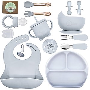 O'doe 17-Pcs Silicone Baby Feeding Set – Baby Led Weaning Supplies With Suction Plates For Toddlers, Baby Plates and Bowls Set | Grey V2