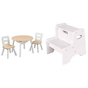 KidKraft Wooden Round Table & 2 Chair Set with Center Mesh Storage - Natural & White, Gift for Ages 3-6 23.5 x 23.5 x 17.3 and Wooden Two-Step Children's Stool with Handles - White, Gift for Ages 3-8