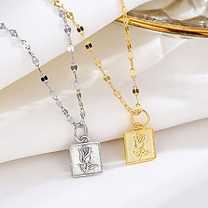 925 Sterling Silver Dainty Dog Tag Pendant Necklace Rose Flower Embossed Flora Jewelry for Women (Gold)