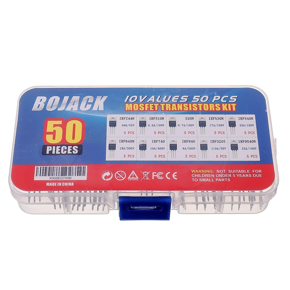 BOJACK 10 Values 50 Pcs IRFZ44N IRF510N IRF530N IRF540N IRF640N IRF740 IRF840 IRF3205 IRF9540 IRF Series transistors MOSFET Assortment Kit