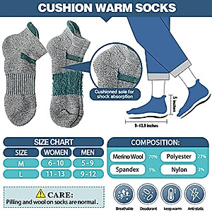 Merino Wool Ankle Hiking Socks Compression Warm Thermal Winter Thick Cushion Running Moisture Wicking No Show Socks Gifts Stocking Stuffers for Women Men 6 Pairs(Color Mix,L)