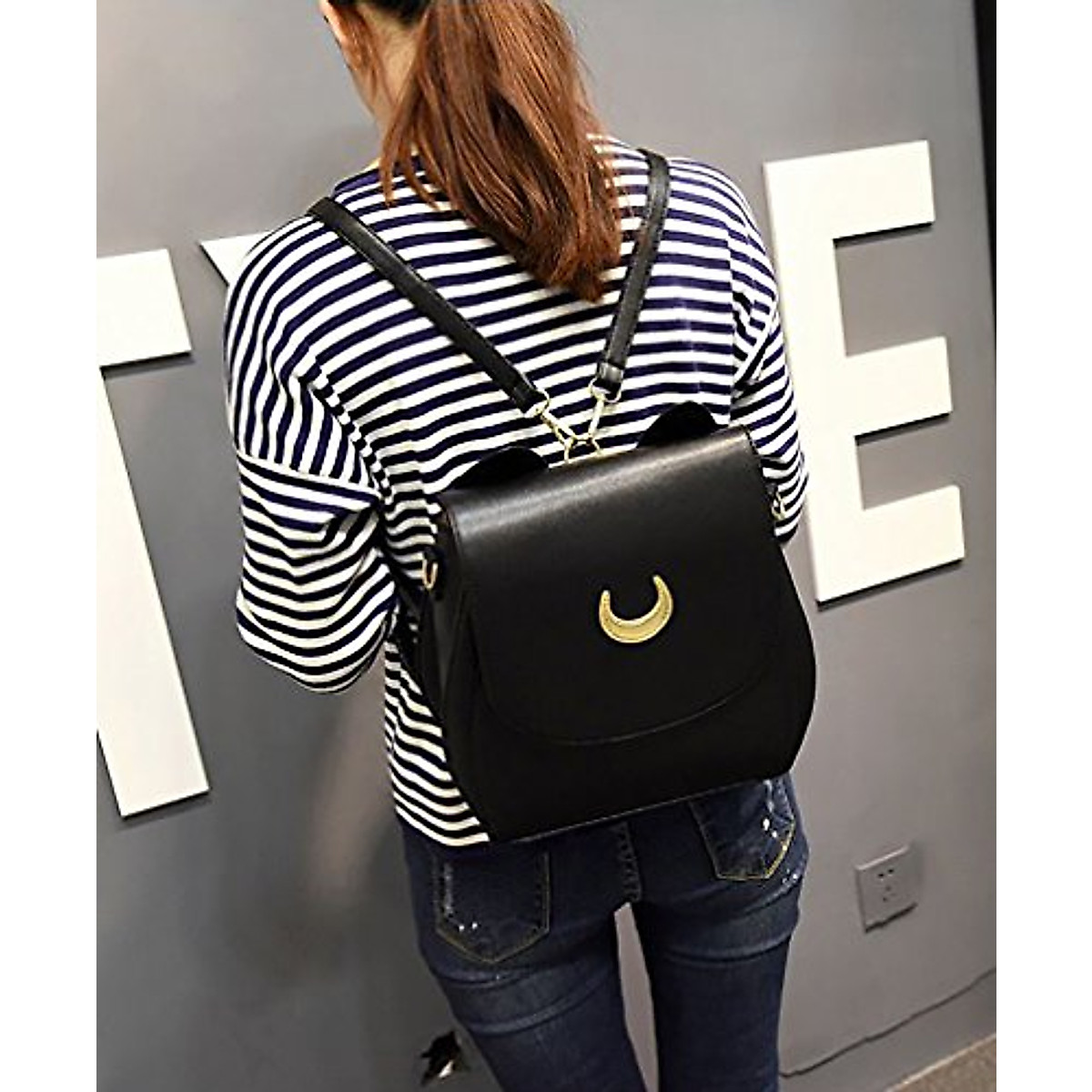 JHVYF Moon Luna Backpack Cute Kitty Cat Shoulder Bag PU Leather Backpack School Bag Black 3034