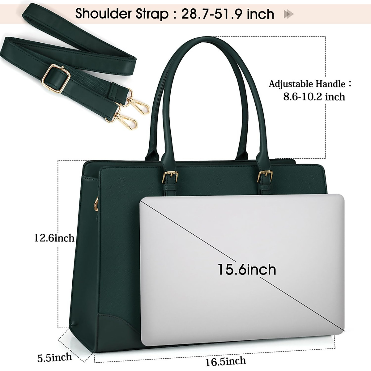 IGOLUMON Laptop Bag for Women 15.6 Inch Laptop Tote Bag Large Work Bag Waterproof Leather Office Briefcase Business Computer Bag Shoulder Handbag Dark Green