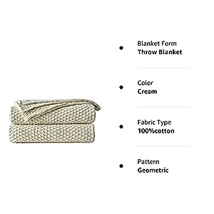 Longhui bedding Cream Knitted Throw Blanket for Couch, Soft, Cozy Machine Washable 100% Cotton Sofa Knit Blankets, Heavy 3.0lb Weight, 50 x 63 Inches, Beige Color